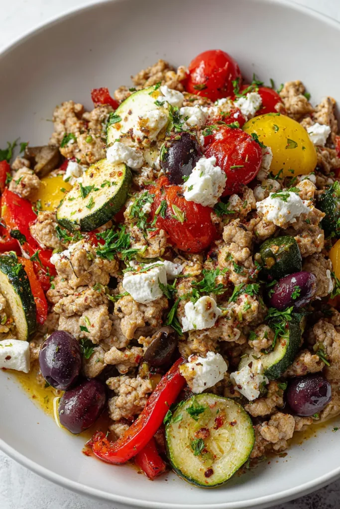 Mediterranean Keto Ground Chicken Skillet with Olives and Feta – Eva Recipe