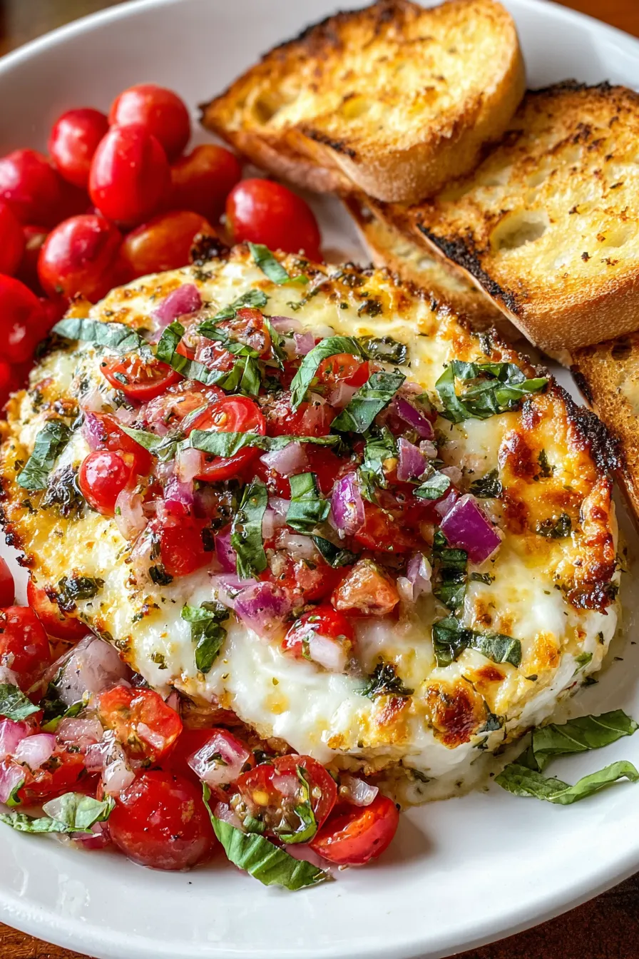 Savory Baked Bruschetta Dip with Fresh Basil and Melty Cheese – Eva Recipe